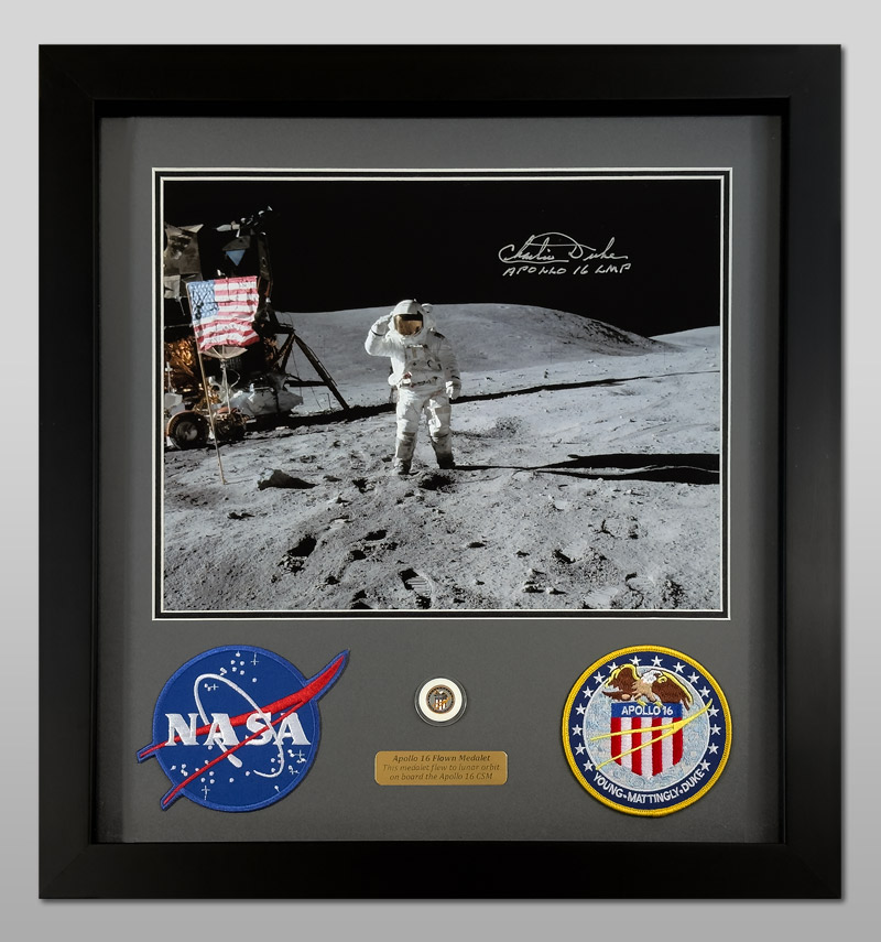 Apollo 16 Flown Medalet with Charlie Duke Signed 14x11 Photo