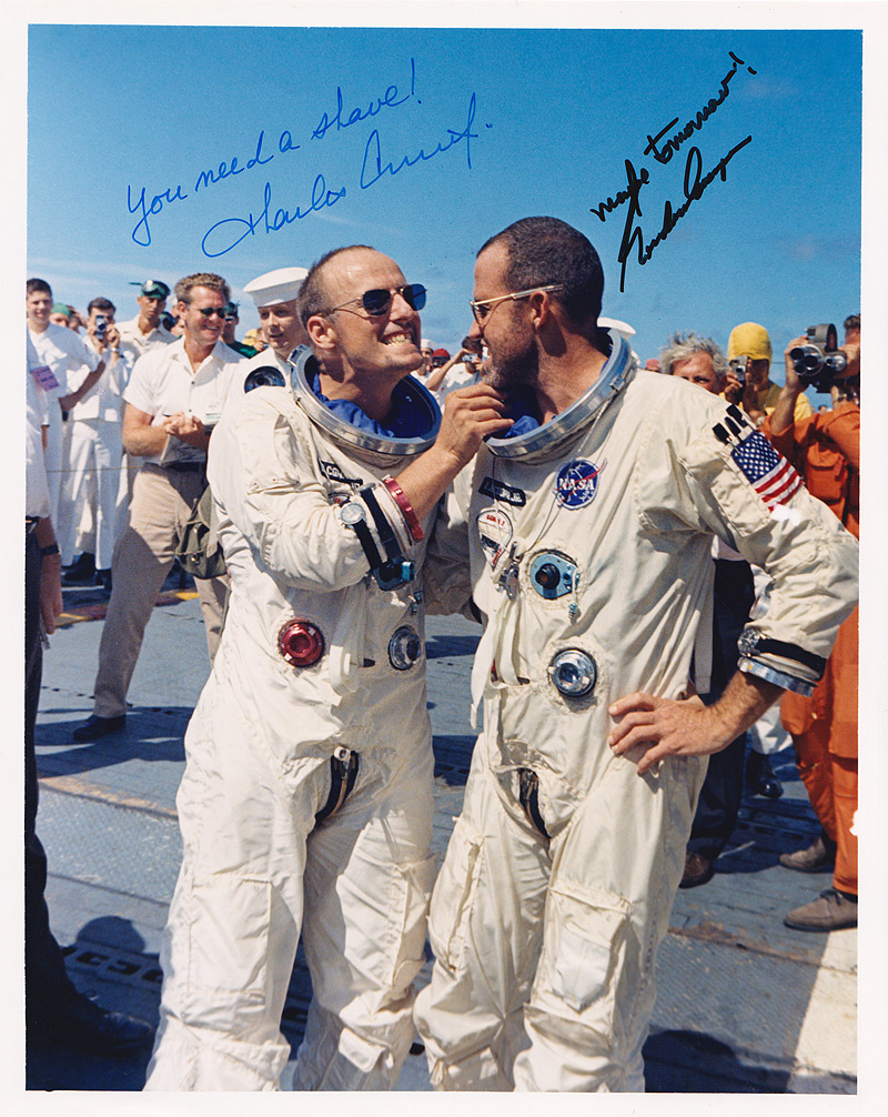 Charles Conrad and Gordon Cooper signed 8x10 Gemini 5 Humorous photo